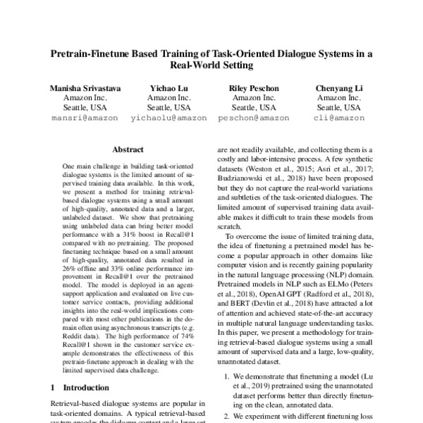 Pretrain-Finetune Based Training of Task-Oriented Dialogue Systems in a Real-World Setting - ACL ...
