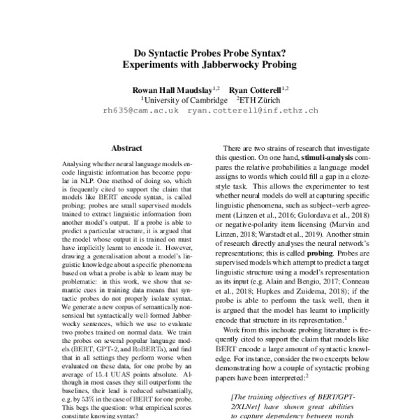 Do Syntactic Probes Probe Syntax? Experiments with Jabberwocky Probing - ACL Anthology