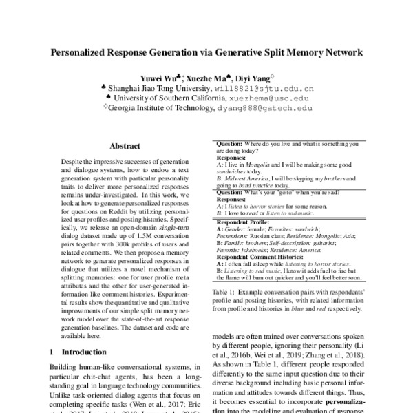 Personalized Response Generation via Generative Split Memory Network - ACL Anthology