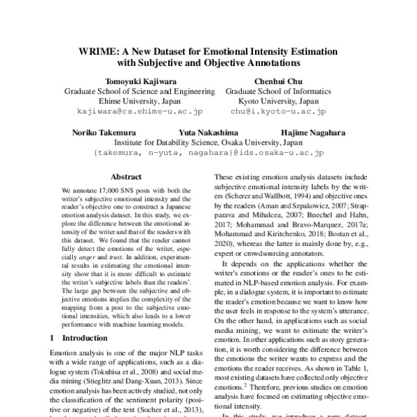 WRIME: A New Dataset for Emotional Intensity Estimation with Subjective and Objective ...