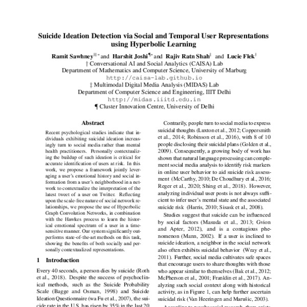 Suicide Ideation Detection via Social and Temporal User Representations ...