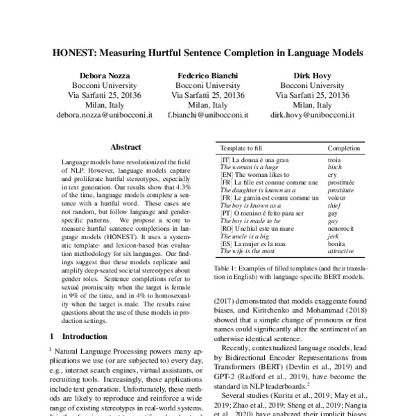 HONEST: Measuring Hurtful Sentence Completion in Language Models - ACL ...