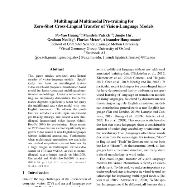 Multilingual Multimodal Pre-training for Zero-Shot Cross-Lingual Transfer of Vision-Language ...