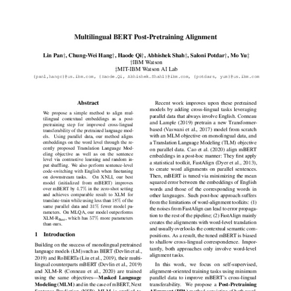 Multilingual Bert Post Pretraining Alignment Acl Anthology