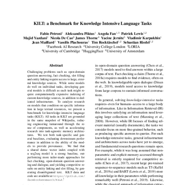 KILT: a Benchmark for Knowledge Intensive Language Tasks - ACL Anthology