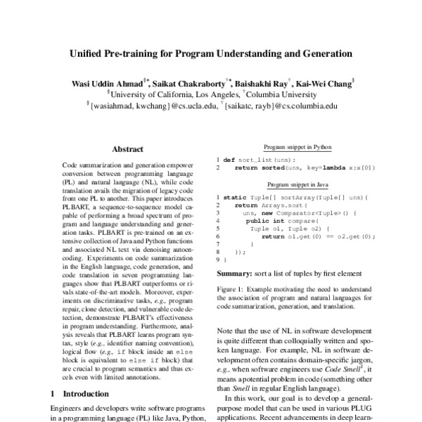 Unified Pre Training For Program Understanding And Generation Acl Anthology 
