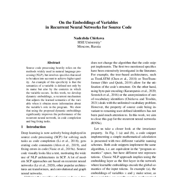 On The Embeddings Of Variables In Recurrent Neural Networks For Source Code Acl Anthology