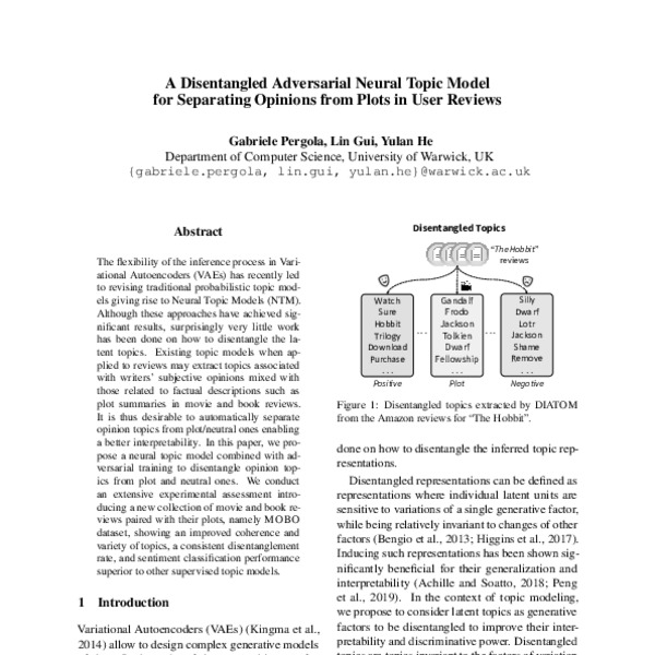 A Disentangled Adversarial Neural Topic Model for Separating Opinions ...