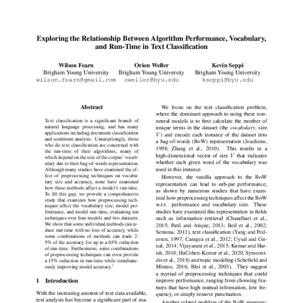 Exploring The Relationship Between Algorithm Performance Vocabulary And Run Time In Text
