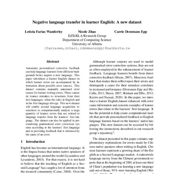 Negative language transfer in learner English: A new dataset - ACL Anthology