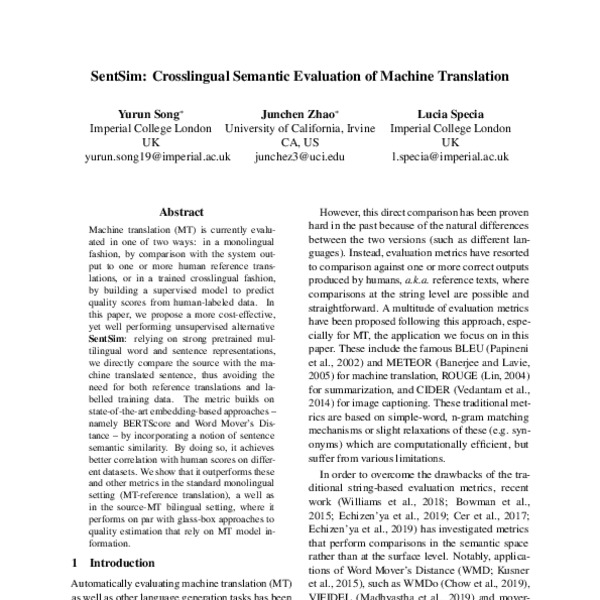 SentSim: Crosslingual Semantic Evaluation of Machine Translation - ACL Anthology