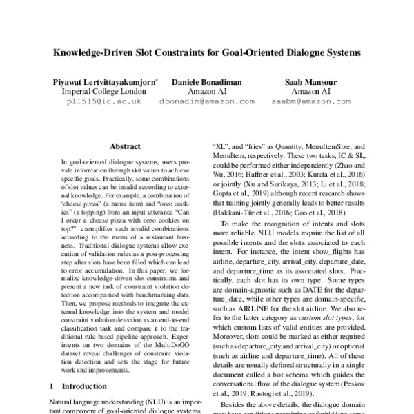 Knowledge-Driven Slot Constraints for Goal-Oriented Dialogue Systems - ACL Anthology