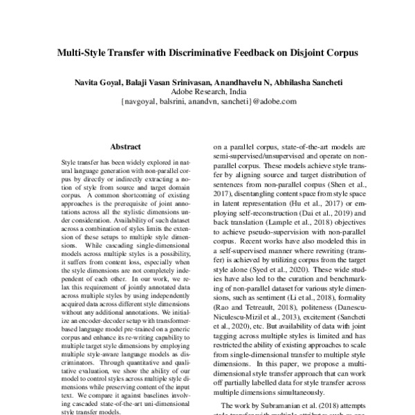Multi-Style Transfer with Discriminative Feedback on Disjoint Corpus ...