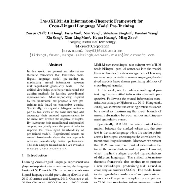 InfoXLM: An Information-Theoretic Framework for Cross-Lingual Language Model Pre-Training - ACL ...