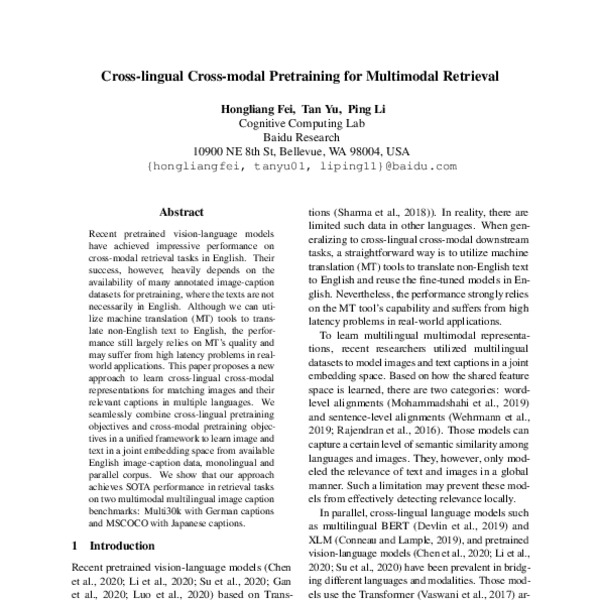 Cross-lingual Cross-modal Pretraining for Multimodal Retrieval - ACL Anthology
