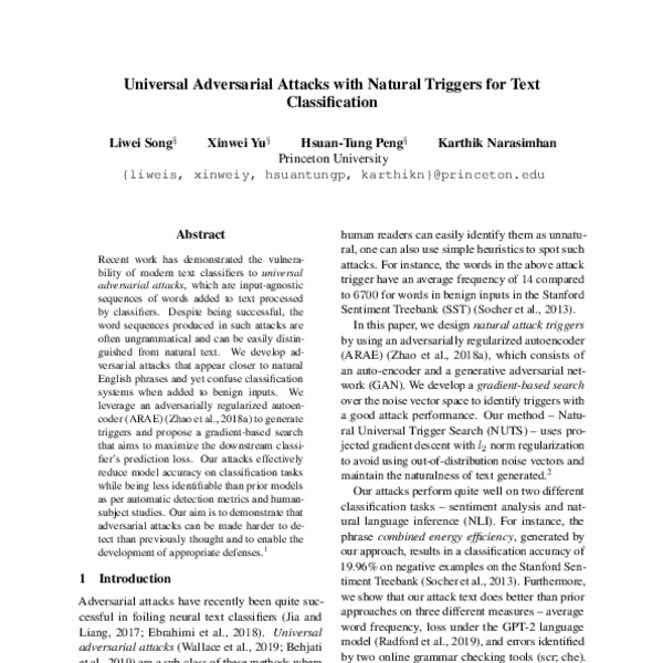 Universal Adversarial Attacks With Natural Triggers For Text