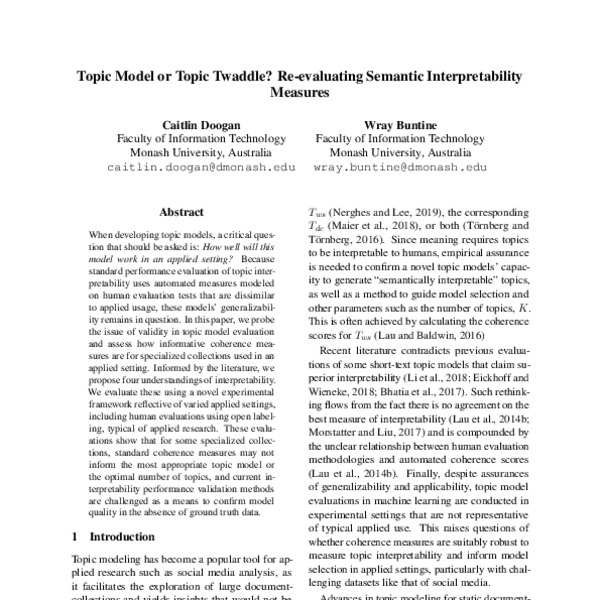 Topic Model or Topic Twaddle? Re-evaluating Semantic Interpretability Measures - ACL Anthology