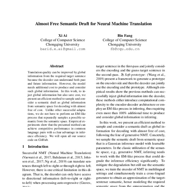 Almost Free Semantic Draft for Neural Machine Translation - ACL Anthology