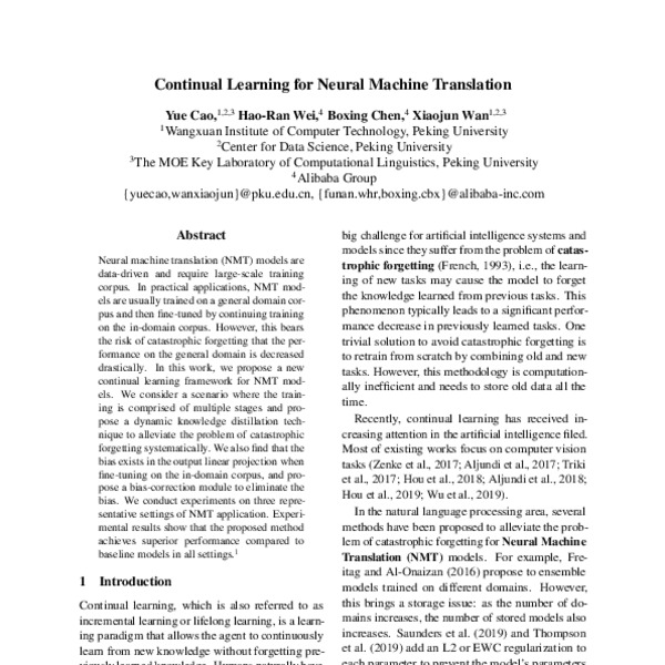 Continual Learning for Neural Machine Translation - ACL Anthology