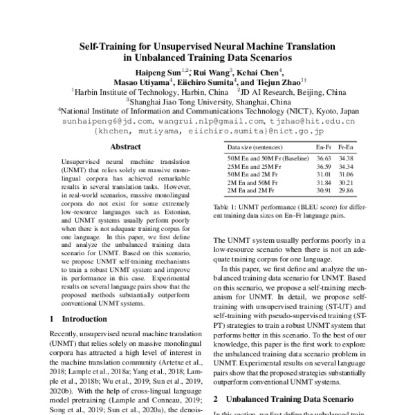 Self-Training for Unsupervised Neural Machine Translation in Unbalanced Training Data Scenarios ...