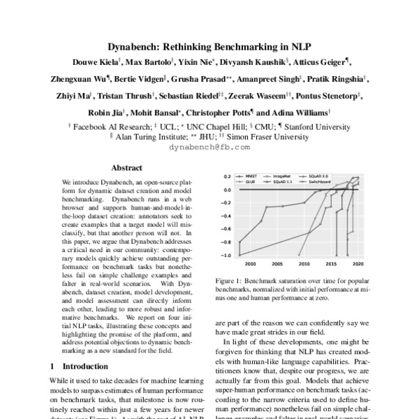 Dynabench: Rethinking Benchmarking in NLP - ACL Anthology
