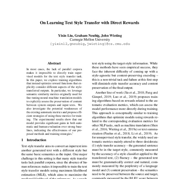 On Learning Text Style Transfer with Direct Rewards - ACL Anthology
