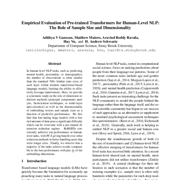 Empirical Evaluation Of Pre Trained Transformers For Human Level Nlp The Role Of Sample Size