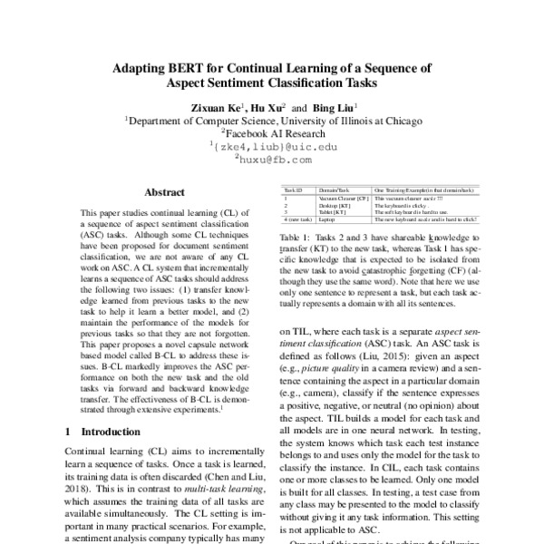 Adapting BERT for Continual Learning of a Sequence of Aspect Sentiment Classification Tasks ...