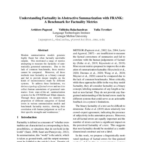 Understanding Factuality in Abstractive Summarization with FRANK: A ...