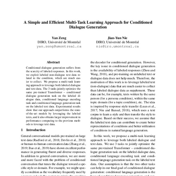 A Simple and Efficient Multi-Task Learning Approach for Conditioned Dialogue Generation - ACL ...