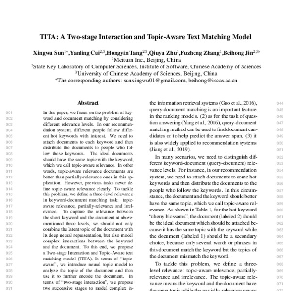 Tita A Two Stage Interaction And Topic Aware Text Matching Model Acl