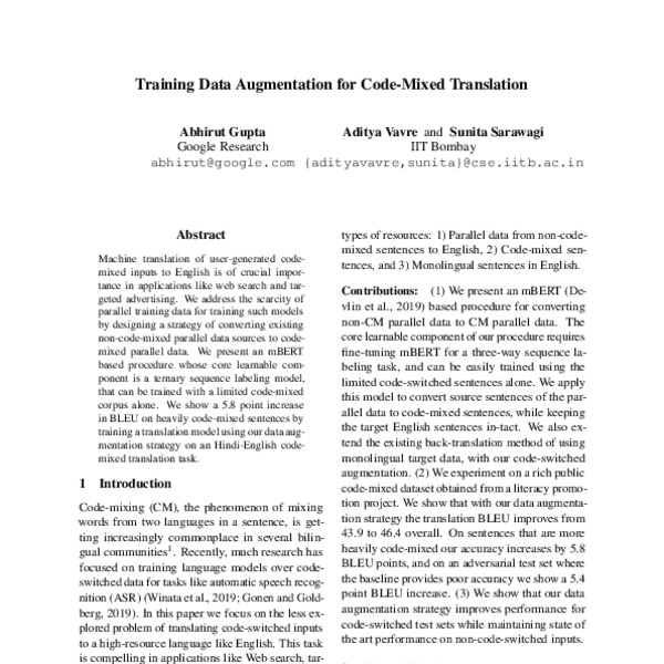 Training Data Augmentation For Code Mixed Translation Acl Anthology