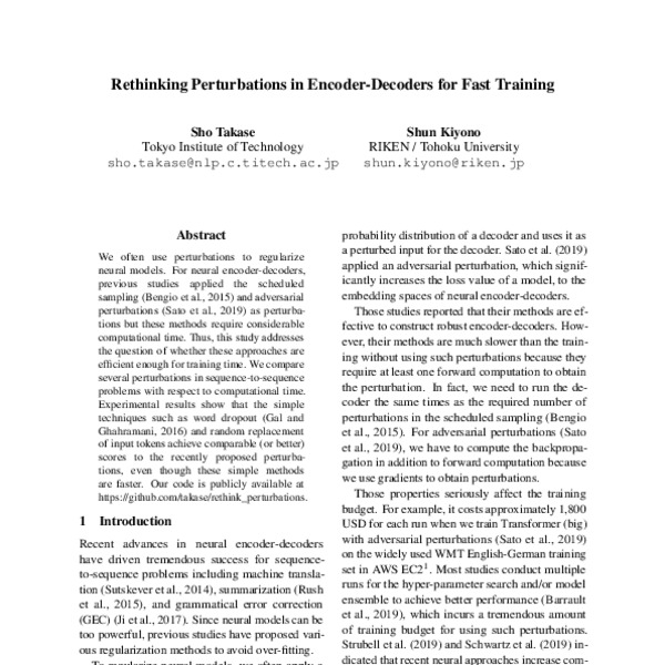 Rethinking Perturbations In Encoder Decoders For Fast Training Acl Anthology