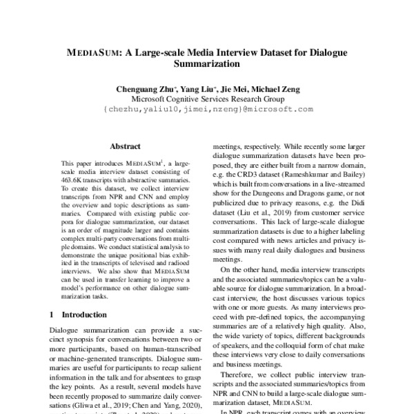 Mediasum A Large Scale Media Interview Dataset For Dialogue Summarization Acl Anthology
