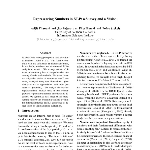 Representing Numbers in NLP: a Survey and a Vision - ACL Anthology