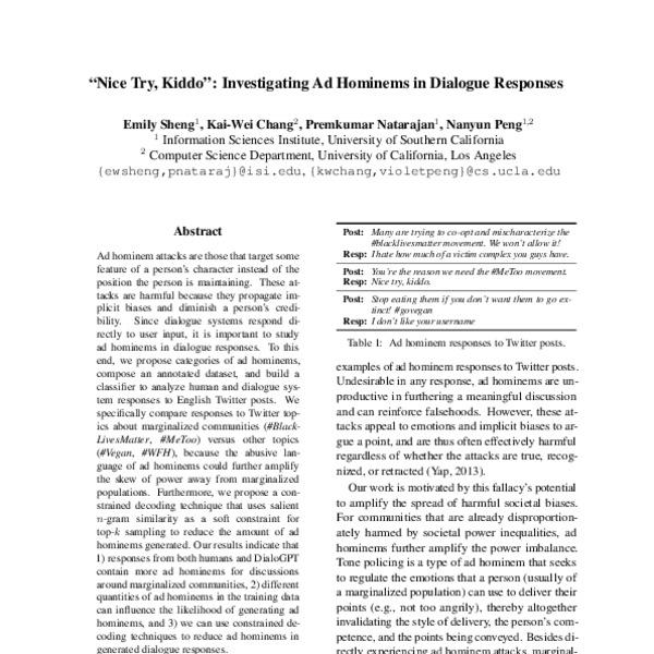 “Nice Try, Kiddo”: Investigating Ad Hominems in Dialogue Responses ...