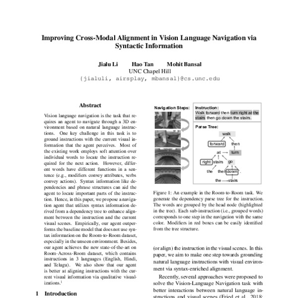 Improving Cross-Modal Alignment in Vision Language Navigation via Syntactic Information - ACL ...