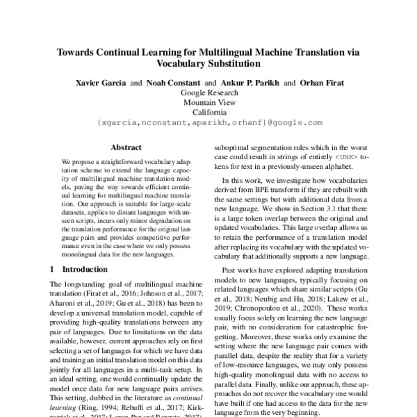 Towards Continual Learning for Multilingual Machine Translation via Vocabulary Substitution ...