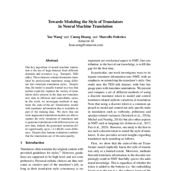 Towards Modeling The Style Of Translators In Neural Machine Translation Acl Anthology