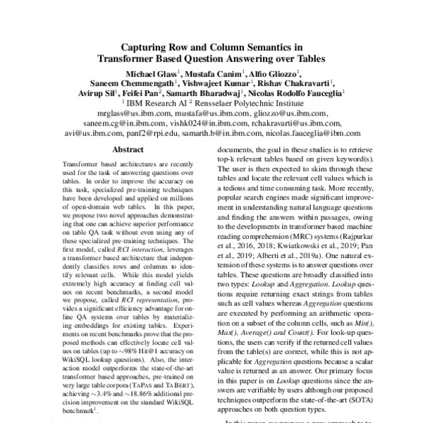 Capturing Row And Column Semantics In Transformer Based Question Answering Over Tables Acl