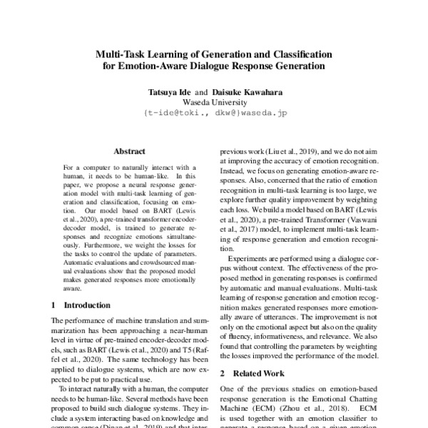 Multi Task Learning Of Generation And Classification For Emotion Aware Dialogue Response