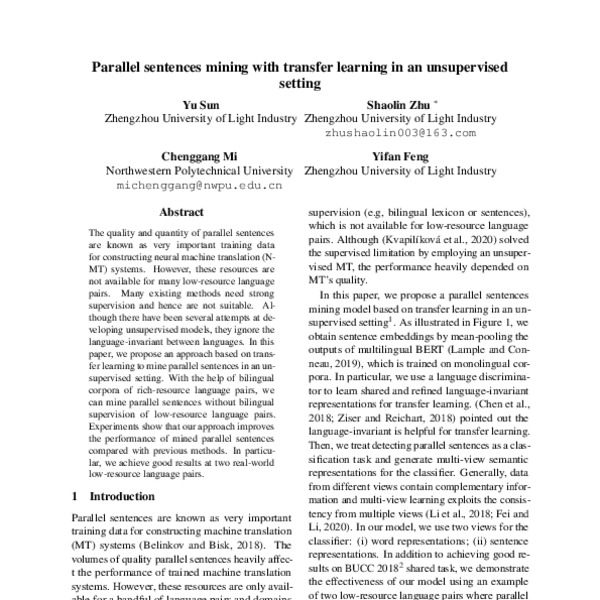 Parallel sentences mining with transfer learning in an unsupervised setting - ACL Anthology