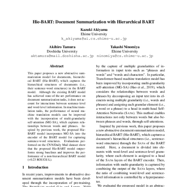 Hie-BART: Document Summarization with Hierarchical BART - ACL Anthology
