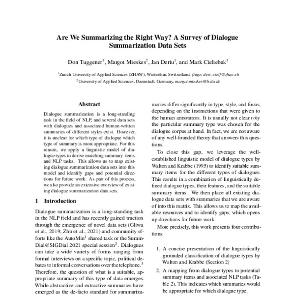 Are We Summarizing the Right Way? A Survey of Dialogue Summarization Data Sets - ACL Anthology