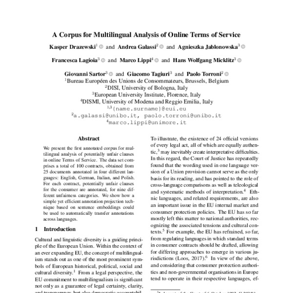 A Corpus for Multilingual Analysis of Online Terms of Service - ACL ...