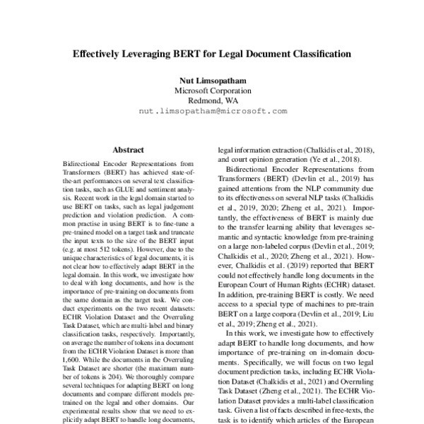 Effectively Leveraging BERT for Legal Document Classification - ACL ...