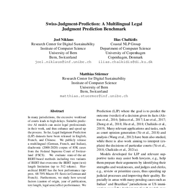 Swiss-Judgment-Prediction: A Multilingual Legal Judgment Prediction Benchmark - ACL Anthology