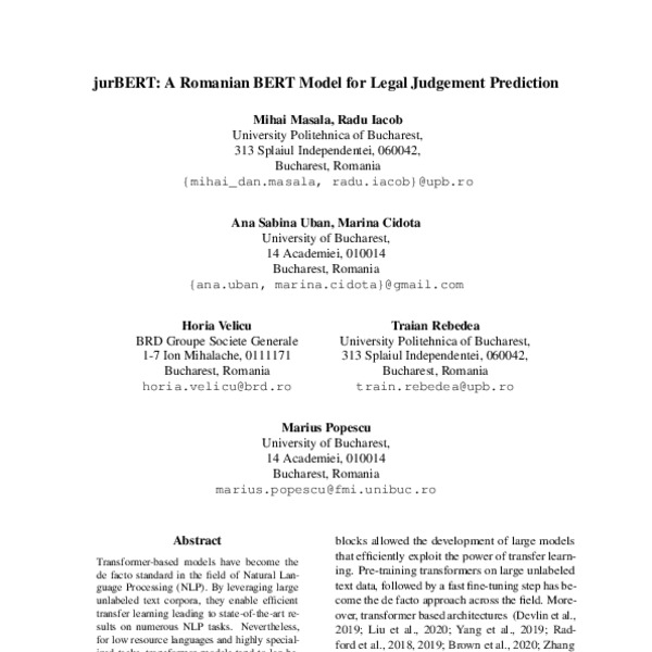 jurBERT: A Romanian BERT Model for Legal Judgement Prediction - ACL Anthology