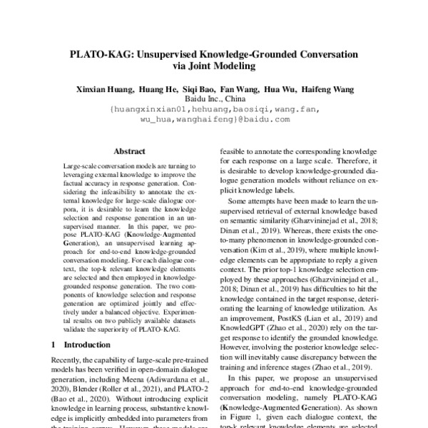 PLATO-KAG: Unsupervised Knowledge-Grounded Conversation via Joint Modeling - ACL Anthology