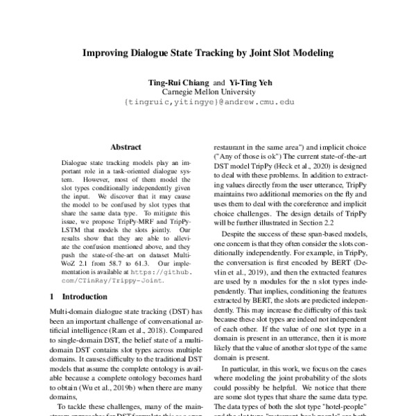 Improving Dialogue State Tracking by Joint Slot Modeling - ACL Anthology